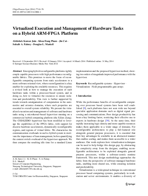 (PDF) Virtualized Execution and Management of Hardware Tasks on a Hybrid ARM-FPGA Platform