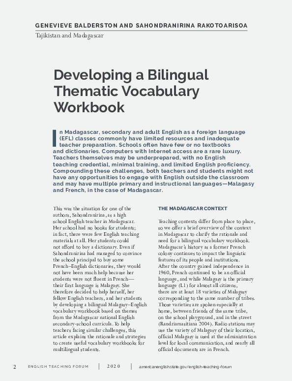 (PDF) Developing a Bilingual Thematic Vocabulary Workbook
