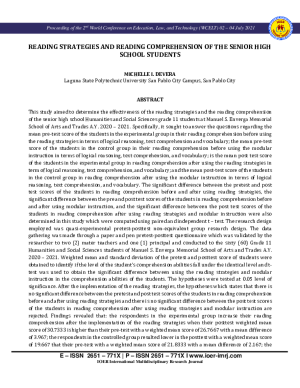 (PDF) Reading Strategies and Reading Comprehension of the Senior High ...