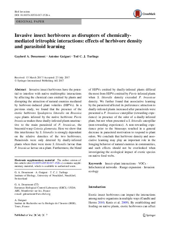 (PDF) Invasive insect herbivores as disrupters of chemically-mediated tritrophic interactions ...