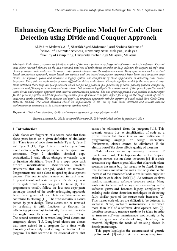 (PDF) Enhancing Generic Pipeline Model for Code Clone Detection Using Divide and Conquer Approach