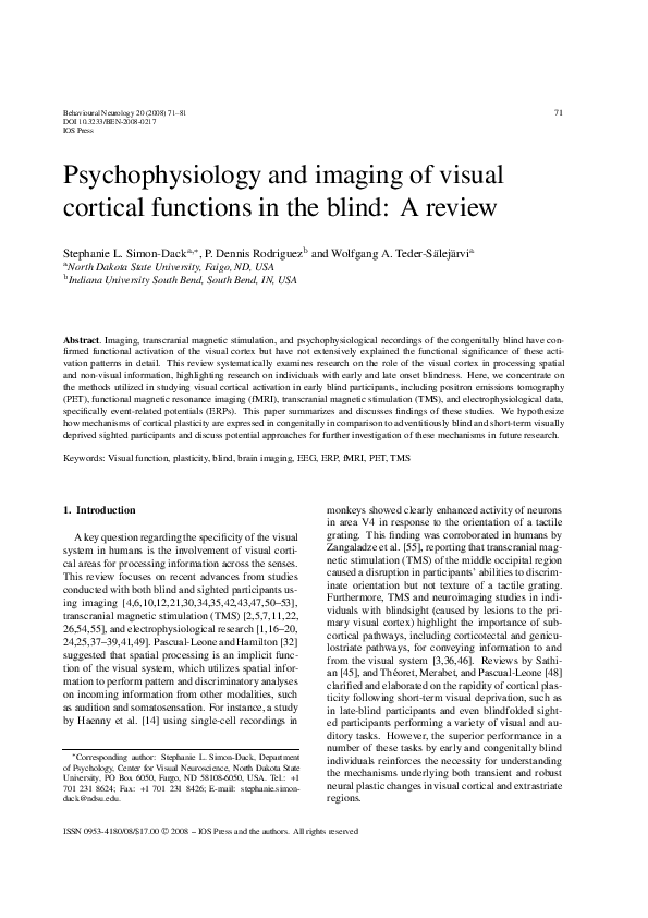 (PDF) Psychophysiology and Imaging of Visual Cortical Functions in the Blind: A Review