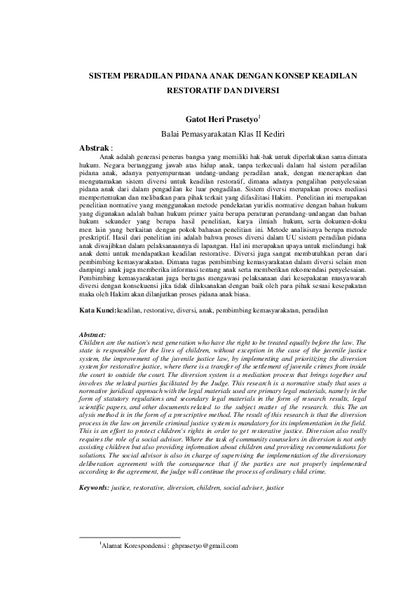 (PDF) Sistem Peradilan Pidana Anak Dengan Konsep Keadilan Restoratif Dan Diversi | gatot ...