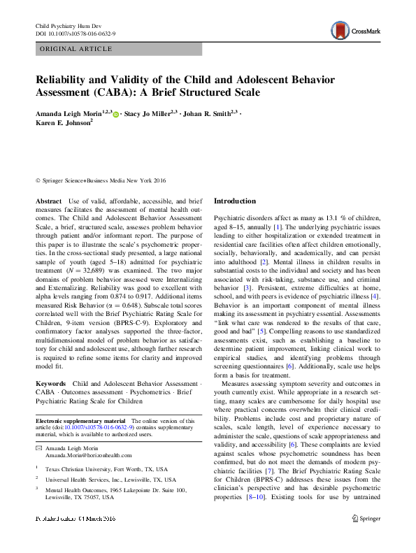 (PDF) Reliability and Validity of the Child and Adolescent Behavior Assessment (CABA): A Brief ...