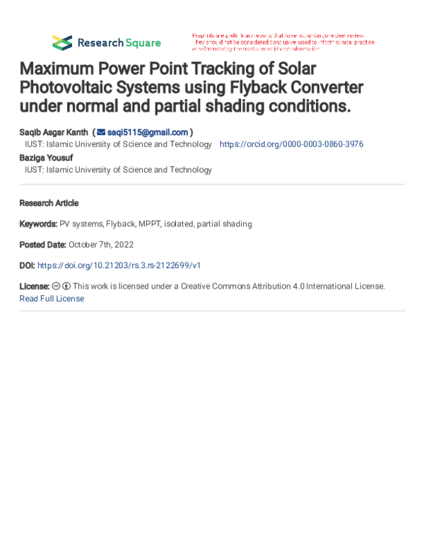 (PDF) Maximum Power Point Tracking of Solar Photovoltaic Systems using Flyback Converter under ...