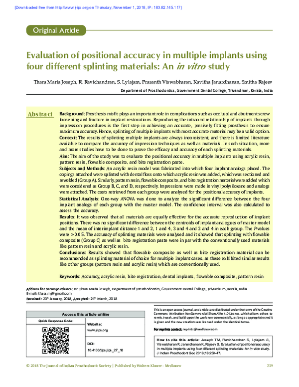 (PDF) Evaluation of positional accuracy in multiple implants using four different splinting ...