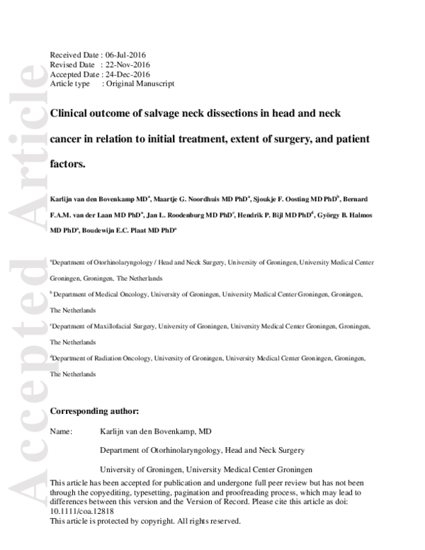 (PDF) Clinical outcome of salvage neck dissections in head and neck ...