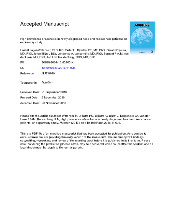 (PDF) High prevalence of cachexia in newly diagnosed head and neck ...