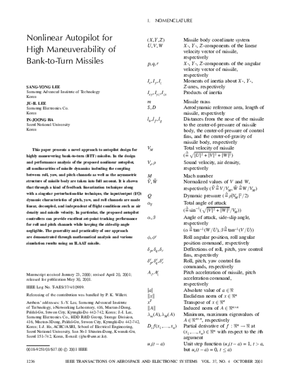 (PDF) Nonlinear autopilot for high maneuverability of bank-to-turn missiles