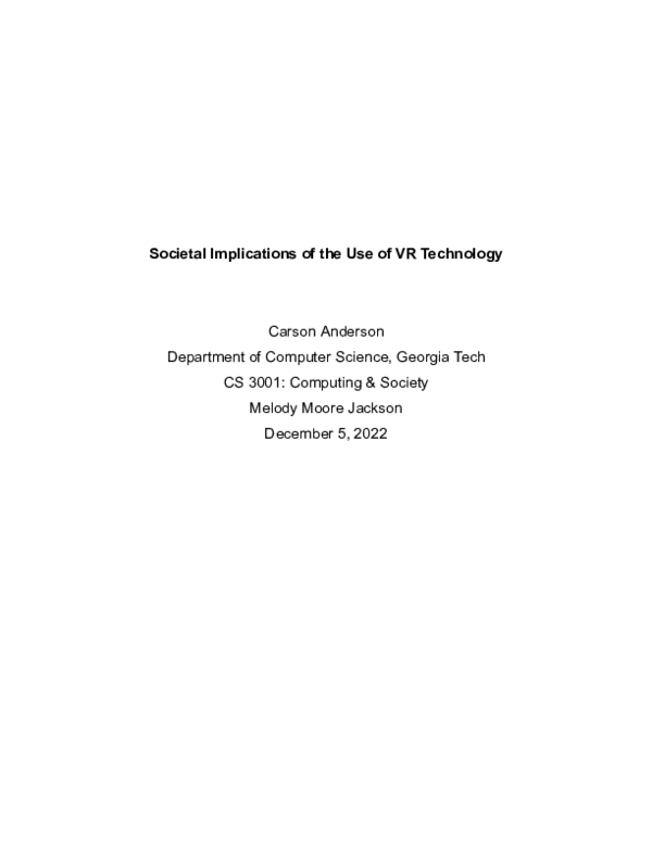 (PDF) Societal Implications of the Use of VR Technology