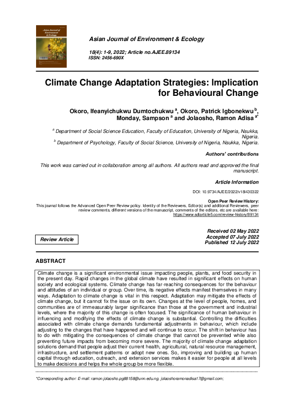 (PDF) Climate Change Adaptation Strategies: Implication for Behavioural ...
