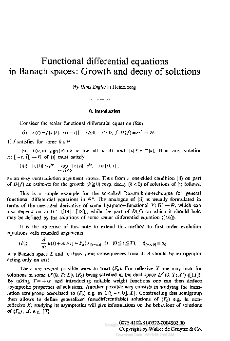 Pdf Functional Differential Equations In Banach Spaces Growth And