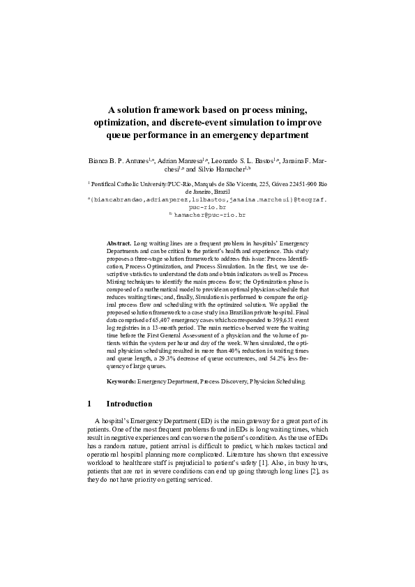 (PDF) A Solution Framework Based on Process Mining, Optimization, and Discrete-Event Simulation ...