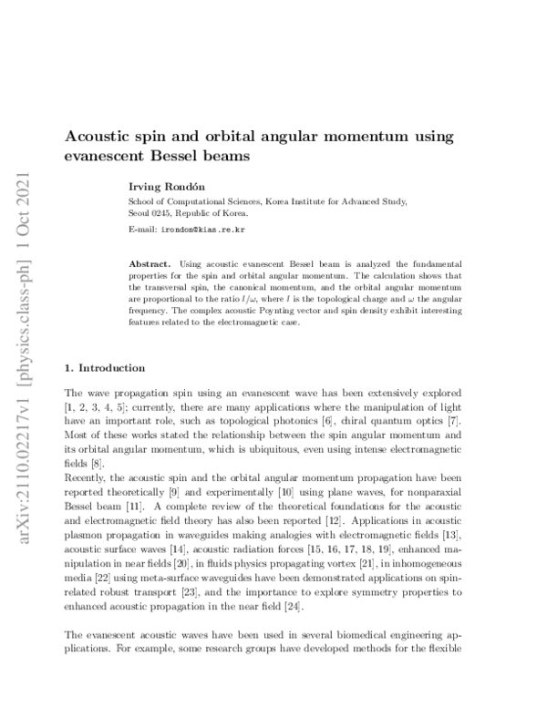 (PDF) Acoustic spin and orbital angular momentum using evanescent Bessel beams