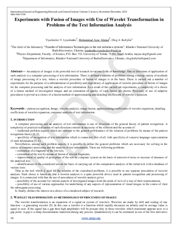 (PDF) Experiments with Fusion of Images with Use of Wavelet Transformation in Problems of the ...