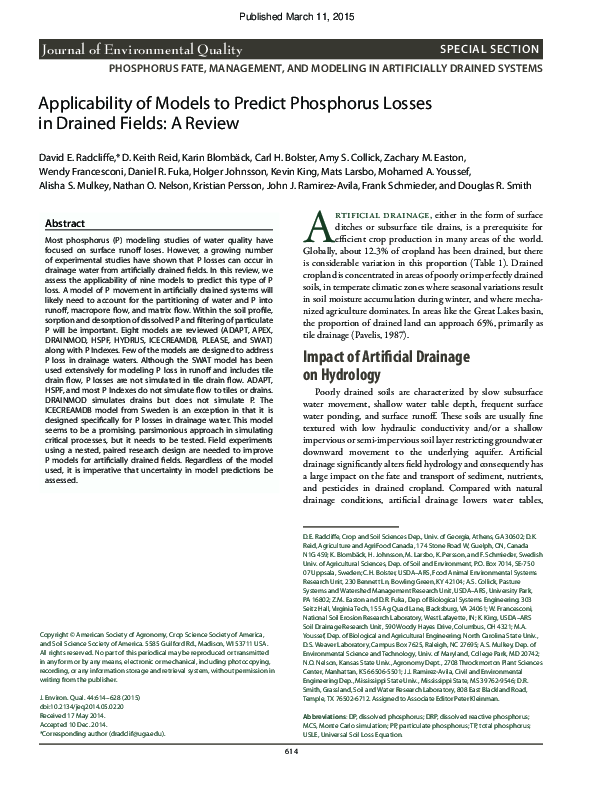 (PDF) Applicability of Models to Predict Phosphorus Losses in Drained Fields: A Review