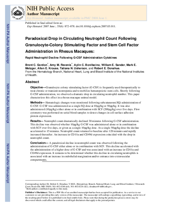 (PDF) Paradoxical drop in circulating neutrophil count following ...