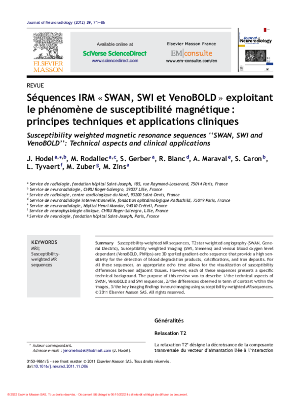 (PDF) Séquences IRM « SWAN, SWI et VenoBOLD » exploitant le phénomène ...