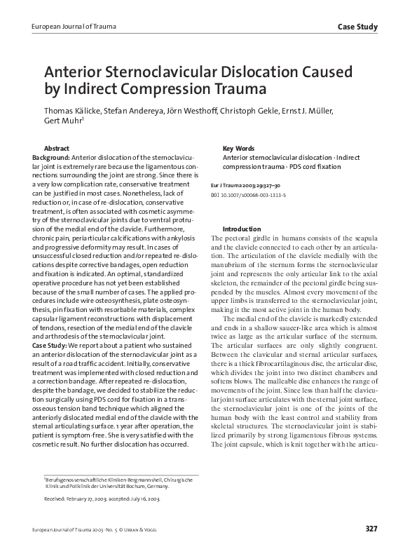 (PDF) Anterior Sternoclavicular Dislocation Caused by Indirect ...