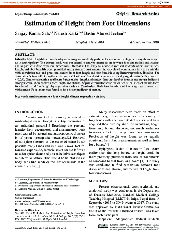 (PDF) Estimation of Height from Foot Dimensions