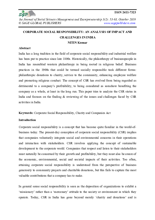 (PDF) Corporate Social Responsibility: An Analysis of Impact and Challenges in India