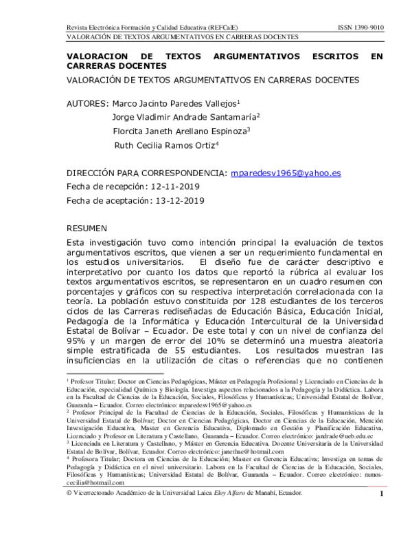 (PDF) Valoracion De Textos Argumentativos Escritos en Carreras Docentes