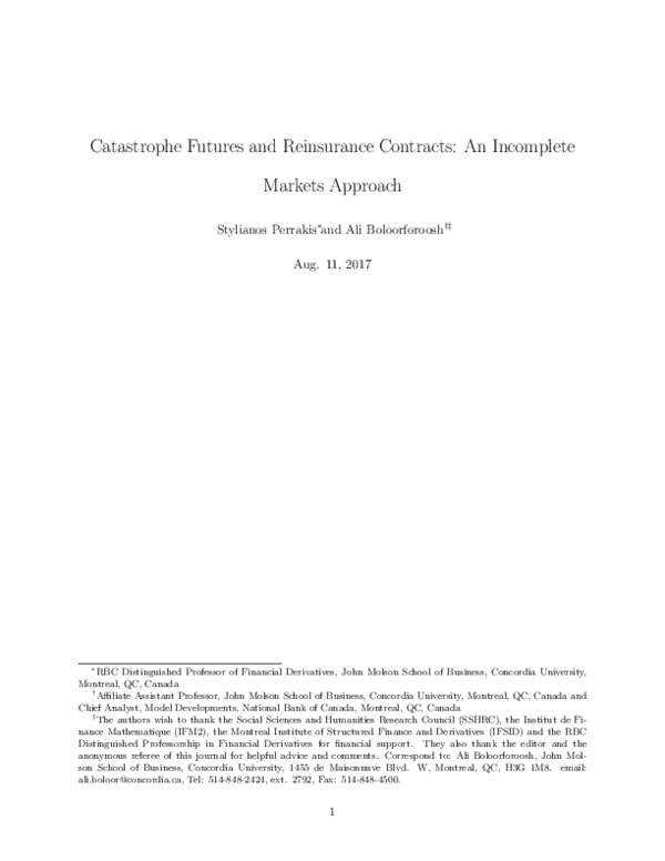 (PDF) Catastrophe Derivatives and Reinsurance Contracts: An Incomplete Markets Approach