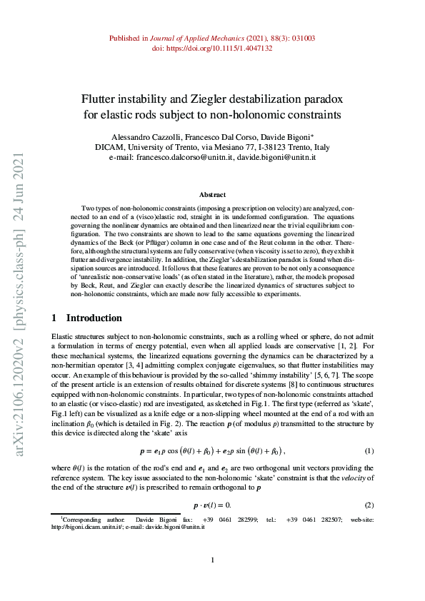 (PDF) Flutter Instability and Ziegler Destabilization Paradox for Elastic Rods Subject to Non ...