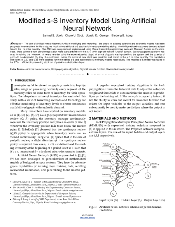 (PDF) Modified s-S Inventory Model Using Artificial Neural Network