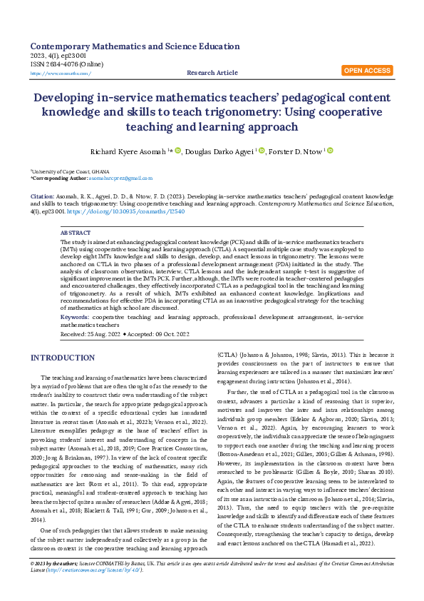 (PDF) Developing in-service mathematics teachers' pedagogical content ...