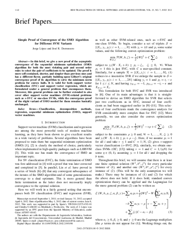 Pdf Simple Proof Of Convergence Of The Smo Algorithm For Different Svm Variants Jose 