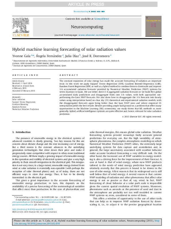(PDF) Hybrid machine learning forecasting of solar radiation values