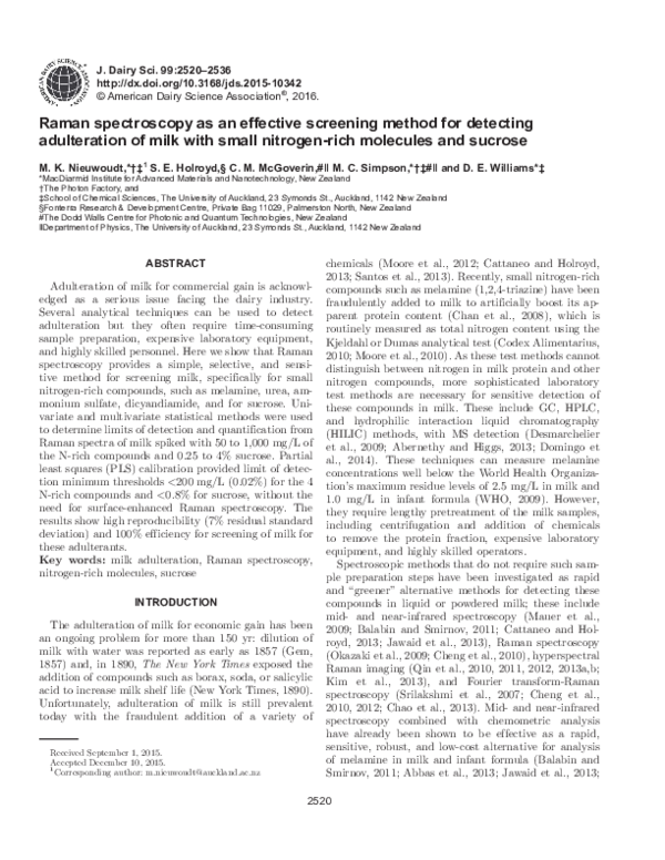 (PDF) Raman spectroscopy as an effective screening method for detecting adulteration of milk ...