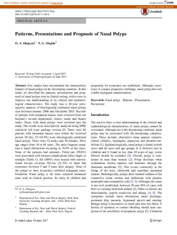 (PDF) Patterns, Presentations and Prognosis of Nasal Polyps