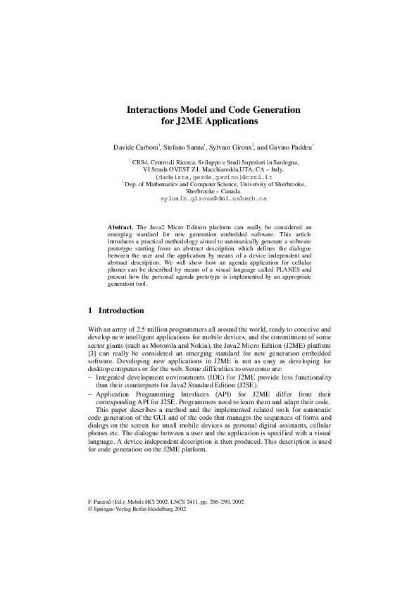 (PDF) Interactions Model and Code Generation for J2ME Applications