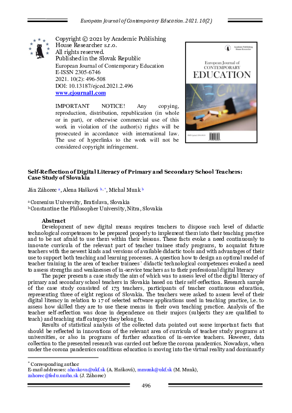 (PDF) Self-Reflection of Digital Literacy of Primary and Secondary School Teachers: Case Study ...