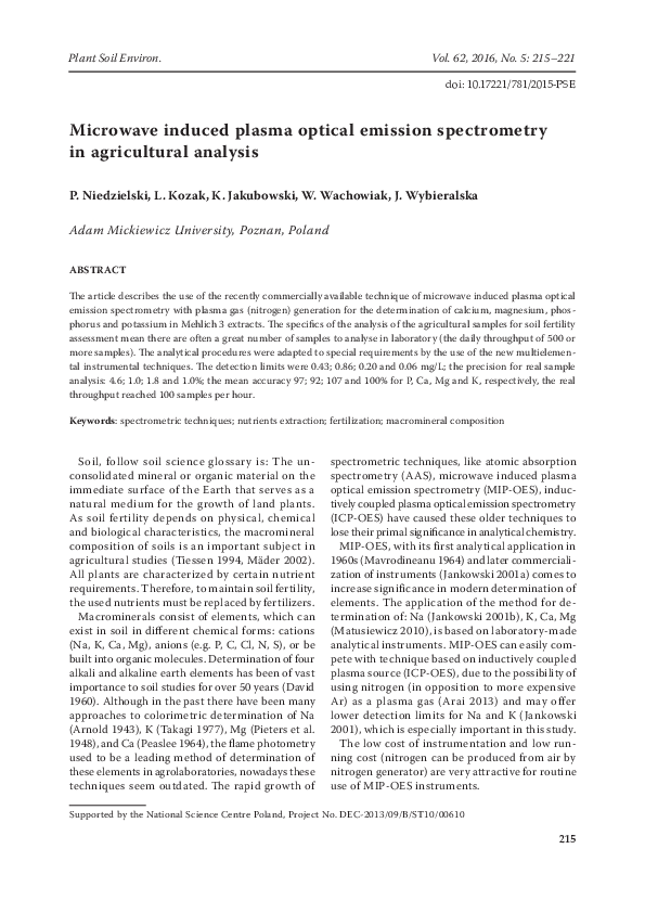(PDF) Microwave induced plasma optical emission spectrometry in agricultural analysis