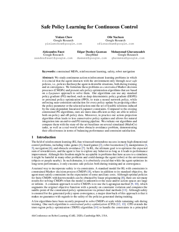(PDF) Safe Policy Learning for Continuous Control