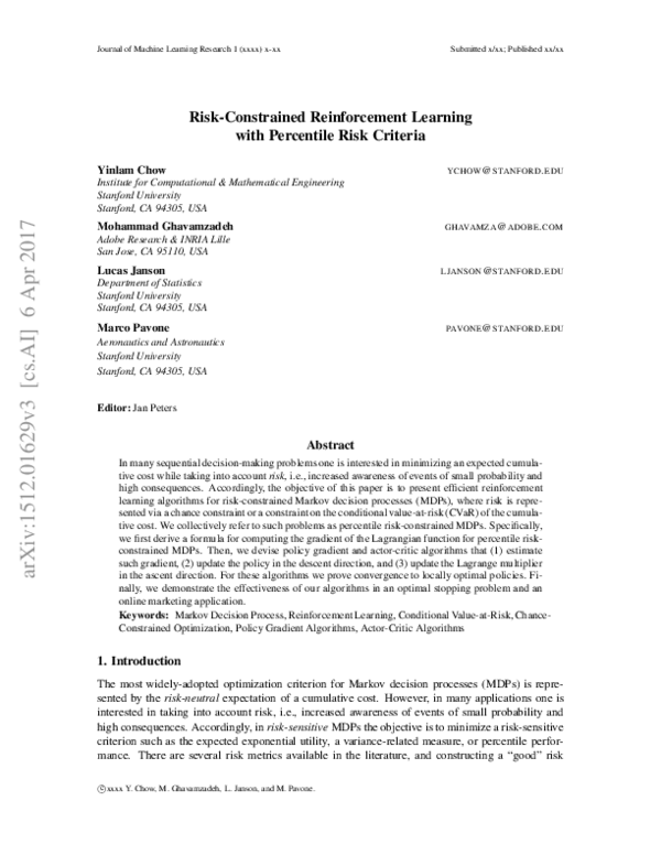 (PDF) Risk-Constrained Reinforcement Learning with Percentile Risk Criteria