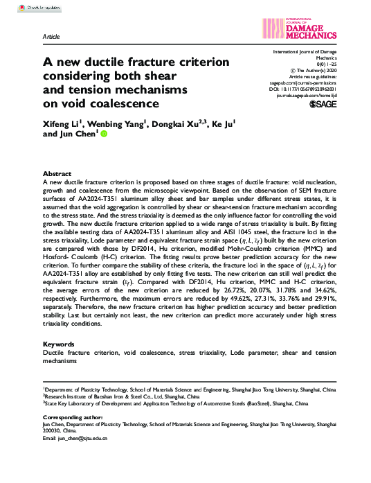 (PDF) A new ductile fracture criterion considering both shear and tension mechanisms on void ...