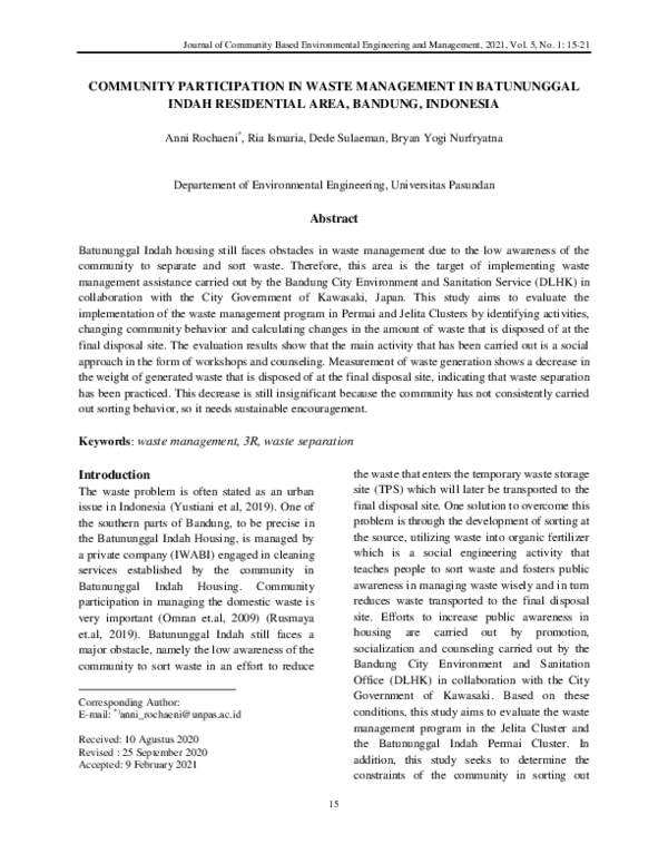 (PDF) Community Participation in Waste Management in Batununggal Indah ...