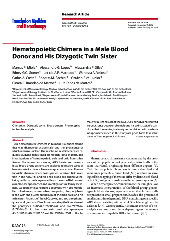 (PDF) Hematopoietic Chimera in a Male Blood Donor and His Dizygotic ...