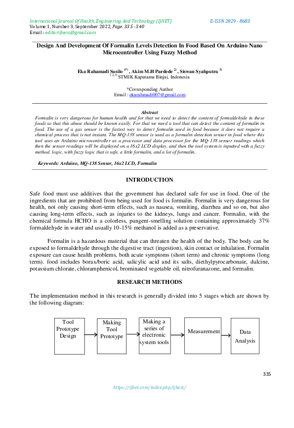Pdf Design And Development Of Formalin Levels Detection In Food Based On Arduino Nano