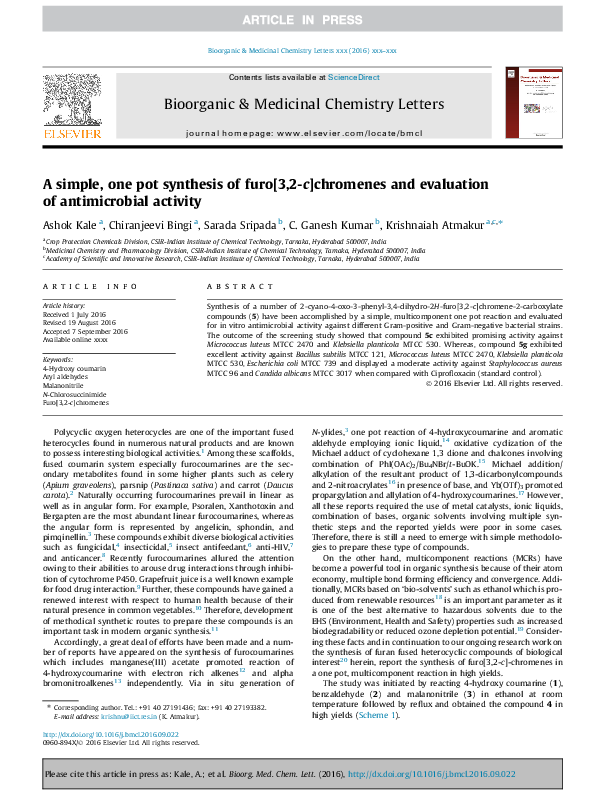 (PDF) A simple, one pot synthesis of furo[3,2- c ]chromenes and ...
