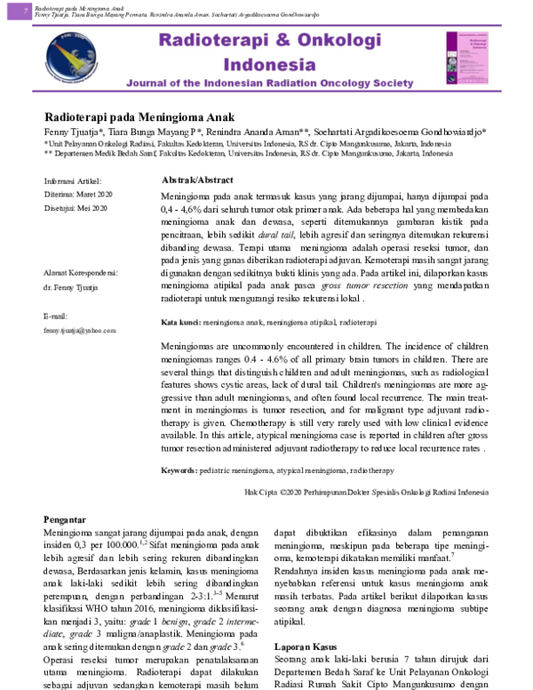 (PDF) Radioterapi Pada Meningioma Anak | Renindra Aman - Academia.edu