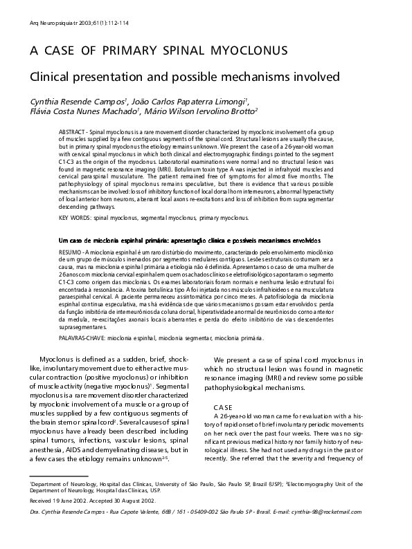 (PDF) A case of primary spinal myoclonus: clinical presentation and ...
