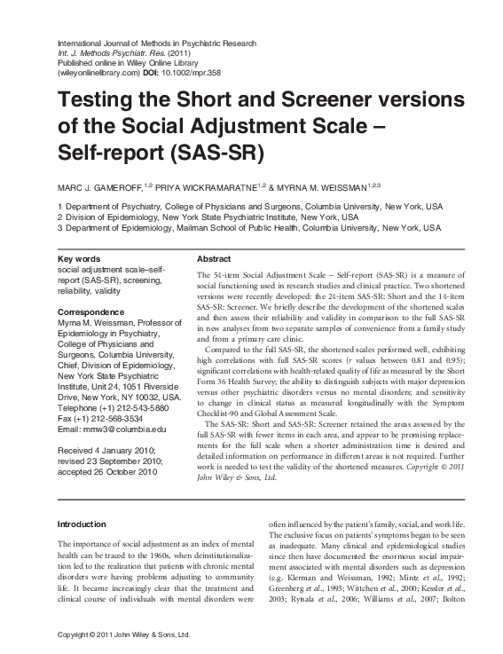 (PDF) Testing the Short and Screener versions of the Social Adjustment ...