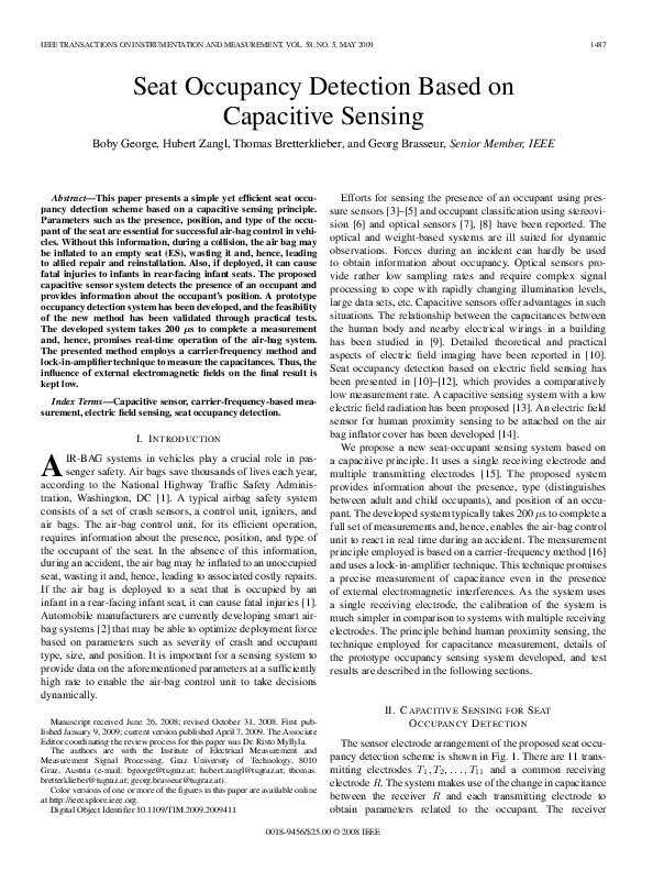 Pdf Seat Occupancy Detection Based On Capacitive Sensing