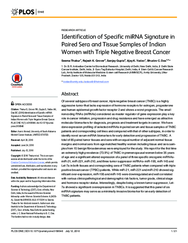 (PDF) Identification of Specific miRNA Signature in Paired Sera and Tissue Samples of Indian ...