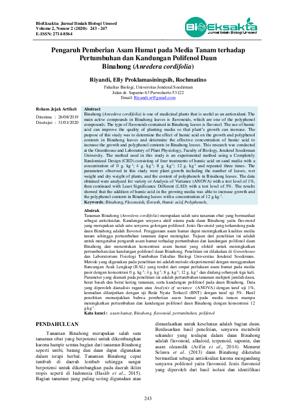 (PDF) Pengaruh Pemberian Asam Humat pada Media Tanam terhadap Pertumbuhan dan Kandungan ...
